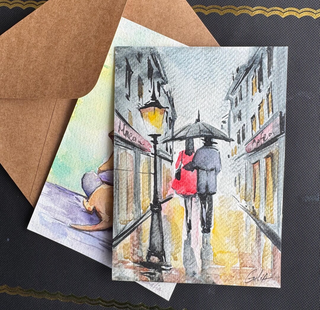 Hand Painted Postcards Original Card Black and White Artwork Couple Cards Street Watercolor ...
