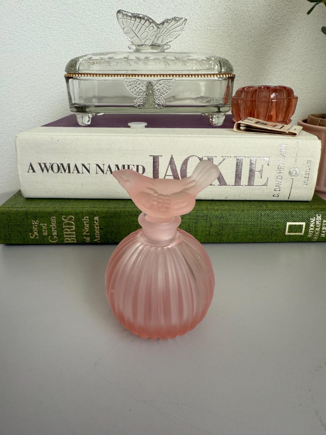 Ribbed Pink Frosted Perfume Bottom With Bird Stopper - Etsy