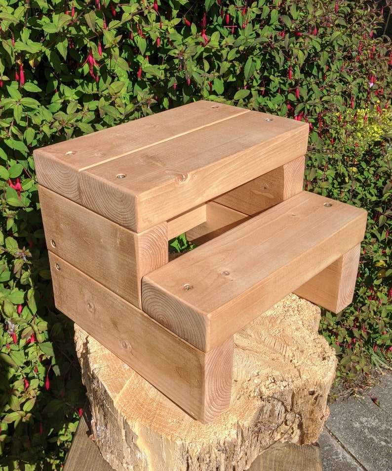 Handmade Solid Wooden Step Stool - Rustic - Solid Wood - Robust - Stong - Plant Stand - Rounded ...