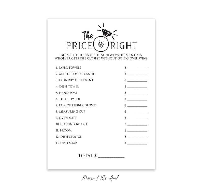 The Price Is Right Bridal Shower Game Printable Simple Black Etsy