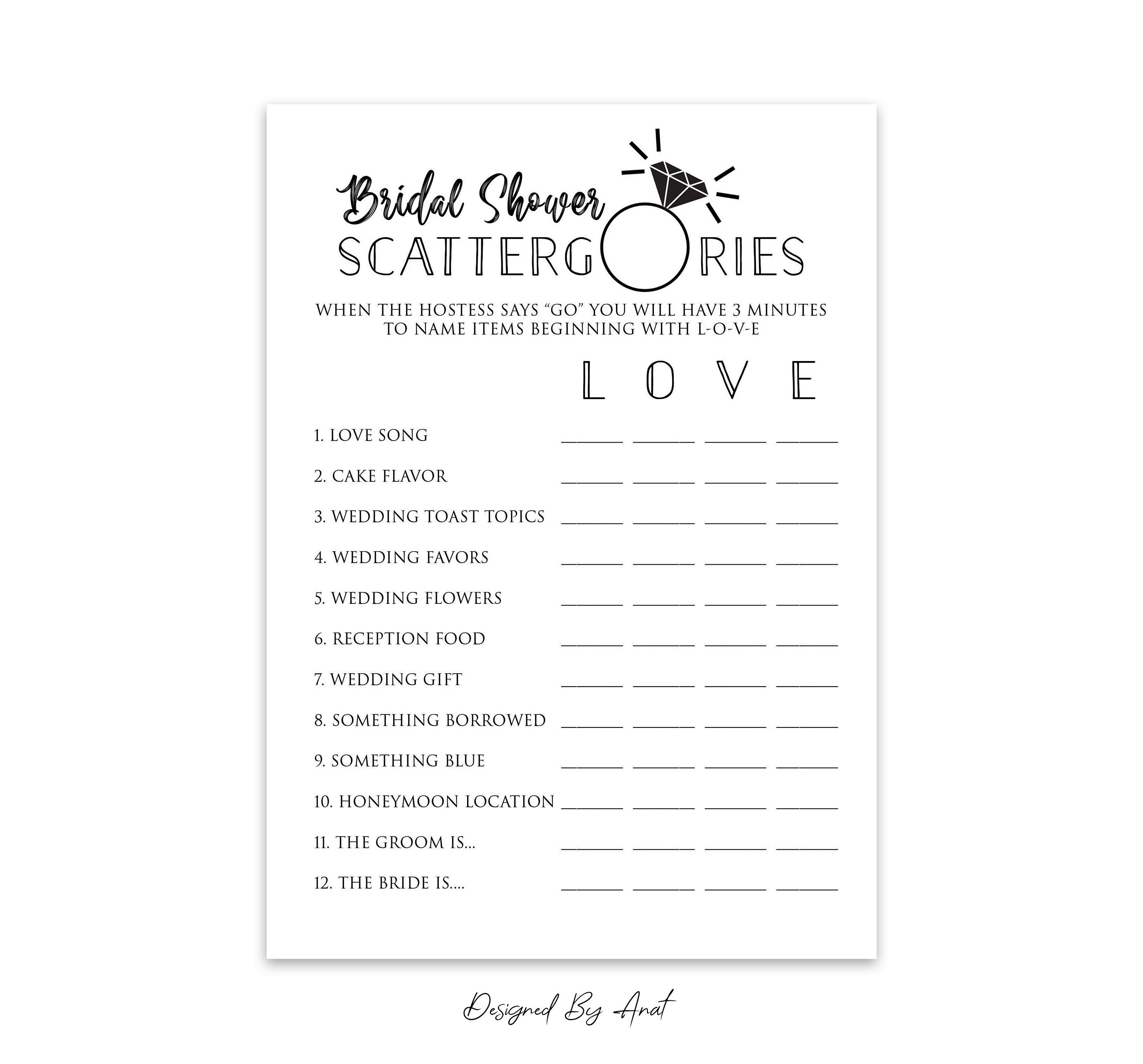 Bridal Shower Scattergories Bridal Shower Game Printable | Etsy