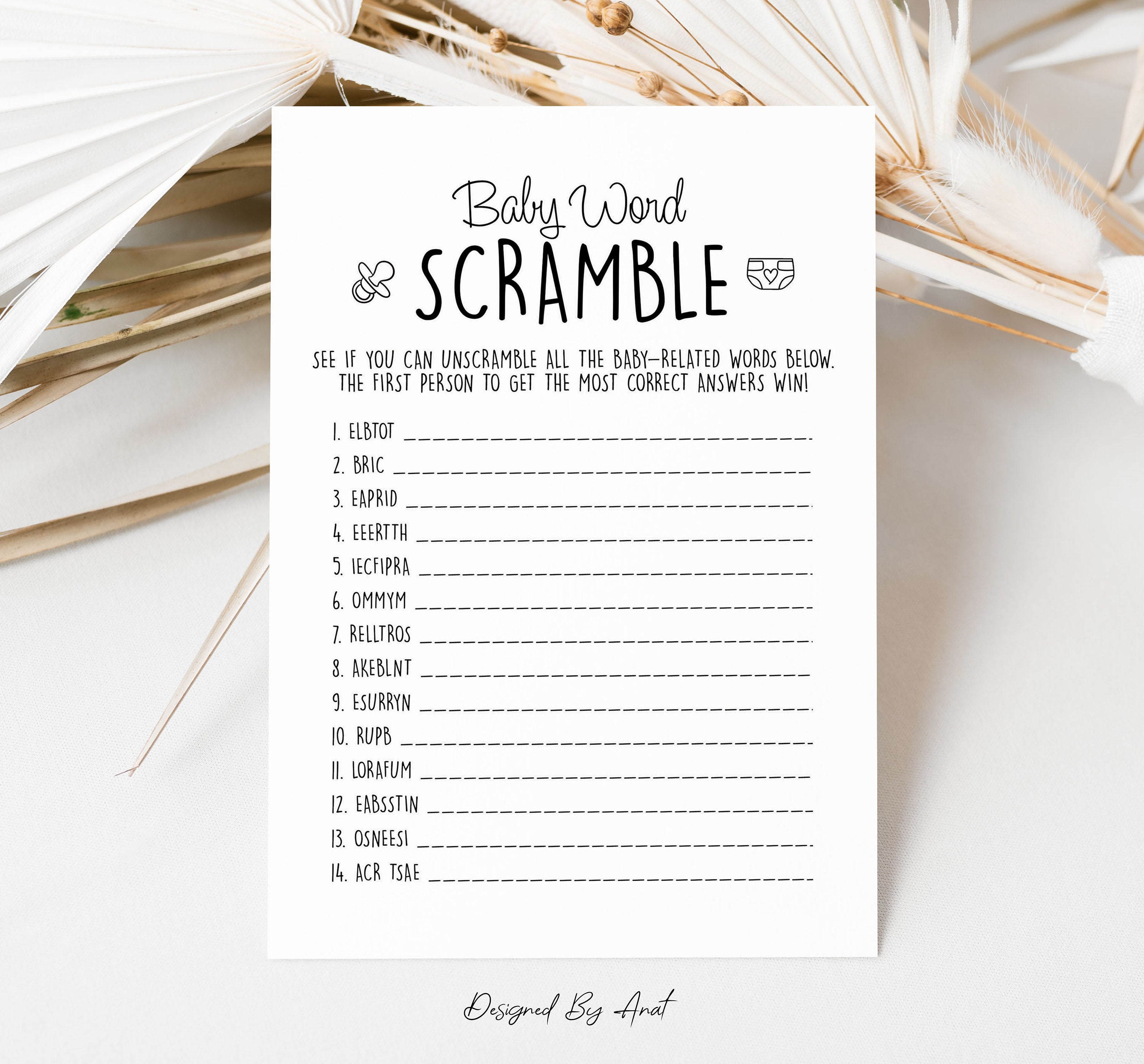 Baby Word Scramble Baby Shower Game, Simple Black and White Boy Girl ...
