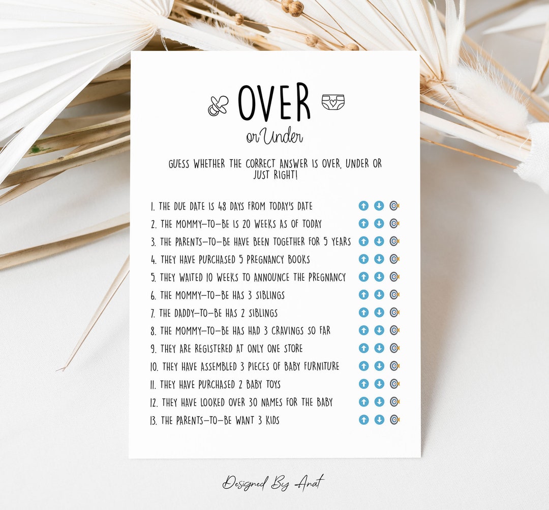 Over or Under Baby Shower Game, Simple Black and White Boy Girl Gender ...