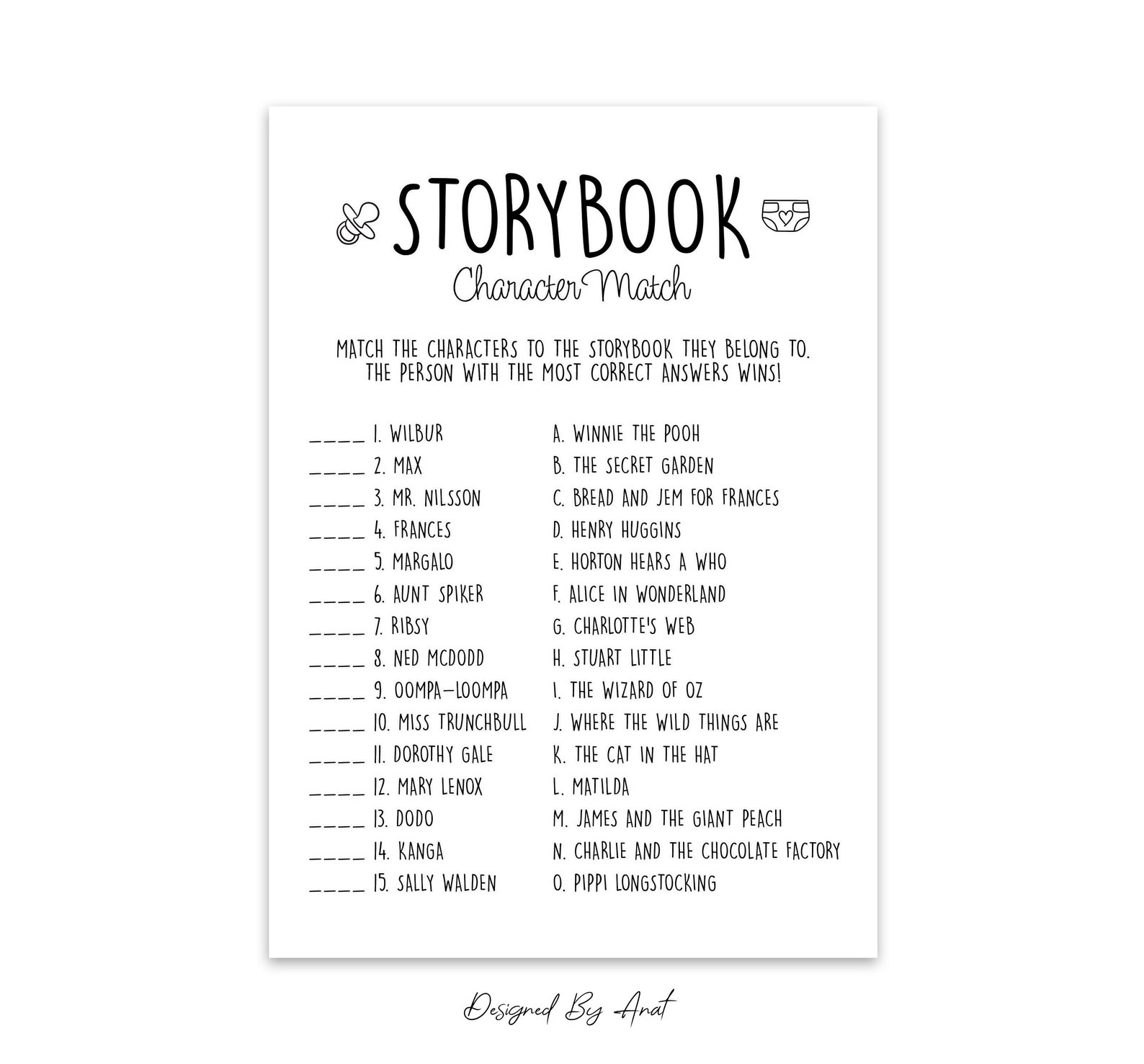 Storybook Character Match Baby Shower Game Simple Black and - Etsy