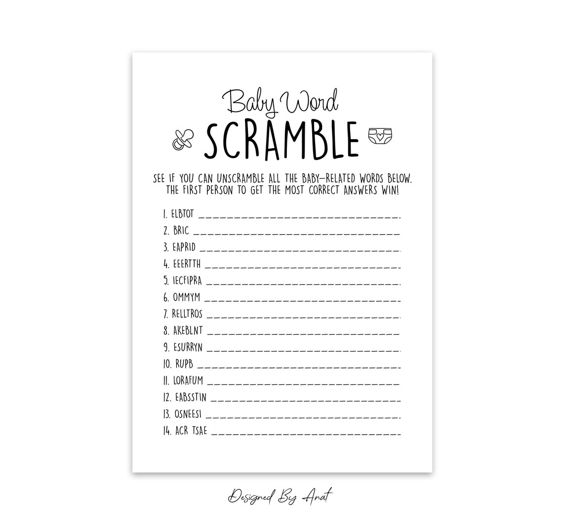 Baby Word Scramble Baby Shower Game Simple Black and White | Etsy
