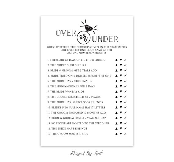 Over Or Under Bridal Shower Game Printable Simple Black And Etsy