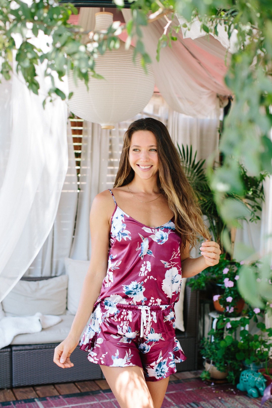 Holiday Cami Set, Burgundy Cami Set, Satin Cami Set, Cami Ruffle Set - Etsy