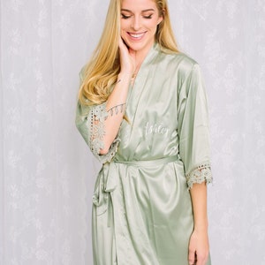 Personalized Robe Sage Green, Custom Bridal Robe, Satin Wedding Robe ...
