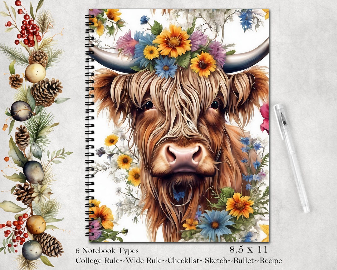 Highland Cow and Wild Flowers 8.5" X 11" Softcover Notebook | Spiral ...