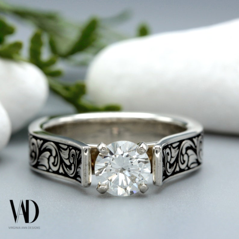 Western Engraving Engagement Ring - 14K Gold Engagement Ring - Lab ...