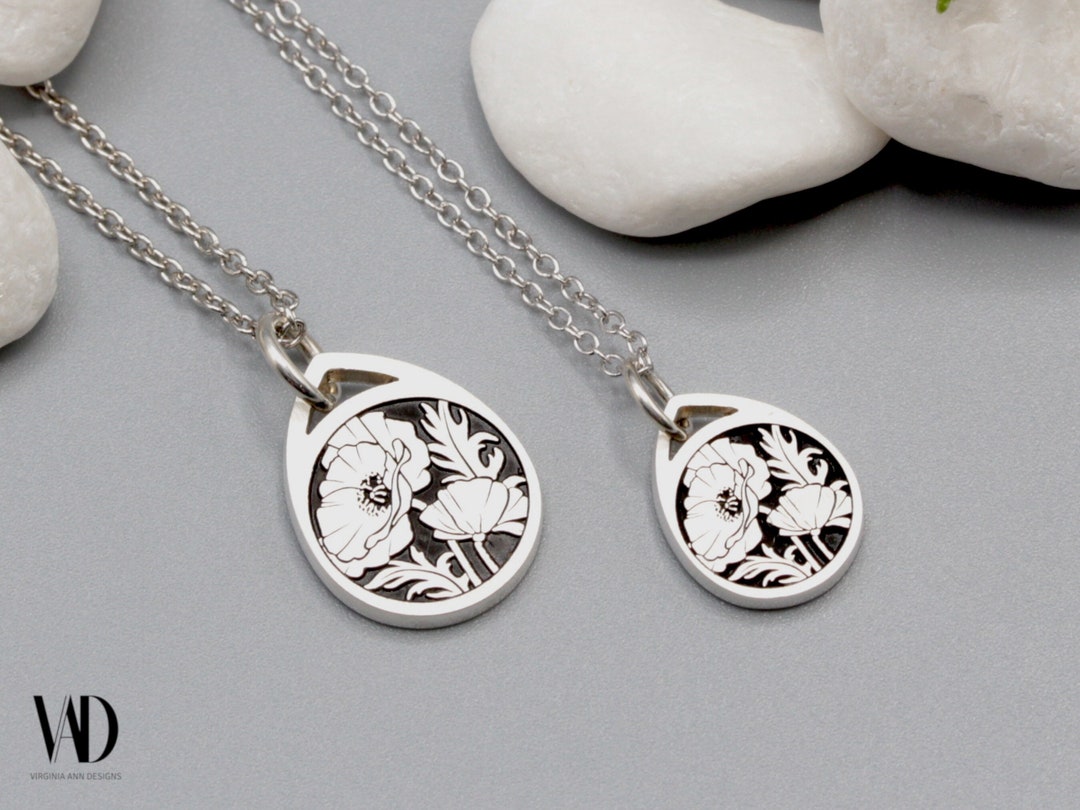 August Birth Flower Necklace - Poppy Flower Pendant - Sterling Silver ...