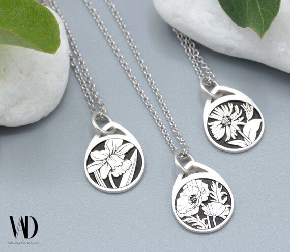 Birth Flower Necklace Flower Pendant Sterling Silver | Etsy