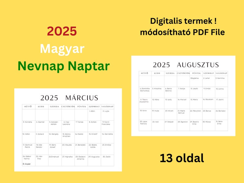 Editable 2025 Hungarian Calendar With Name Days / Monthly Desk Calendar ...