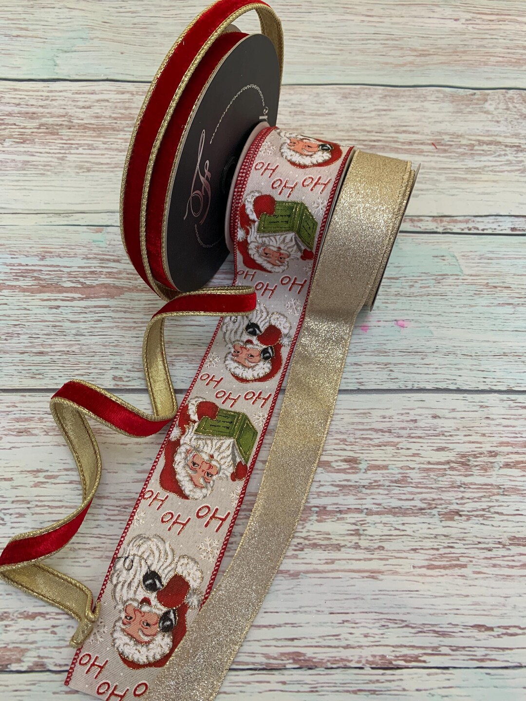 Christmas Ribbon Set, Santa Claus Wired Ribbon, Red Gold Velvet Ribbon ...