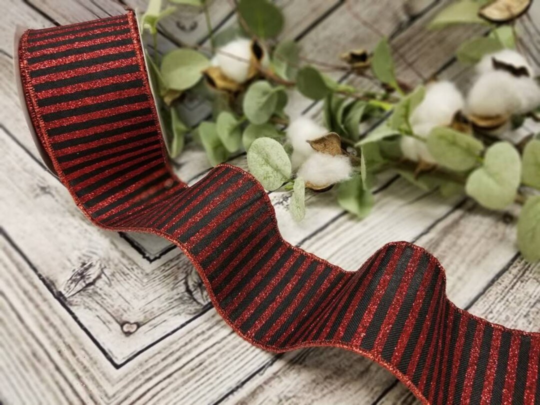 Wired Red Black Stripe Ribbon, Black Red Glitter Stripe Ribbon for ...