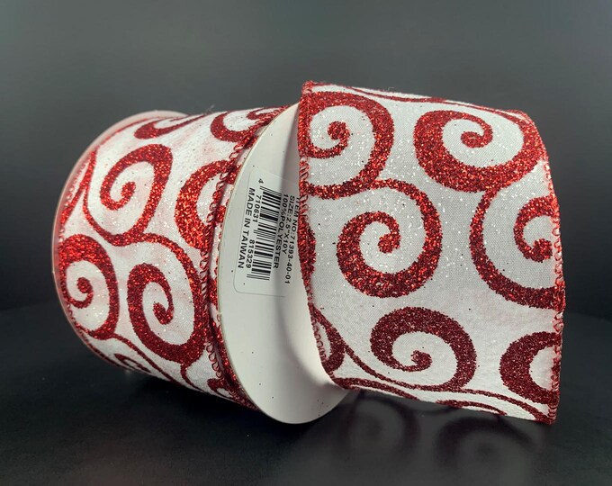 Red Swirl Ribbon, Wired Ribbon for Christmas, Red Glitter Swirl Wired ...