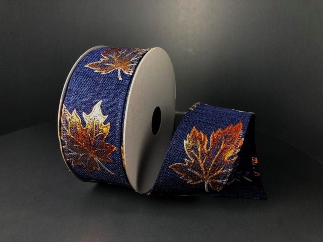 Wired Fall Leaf Ribbon Navy Copper Leaf Ribbon Navy Fall - Etsy