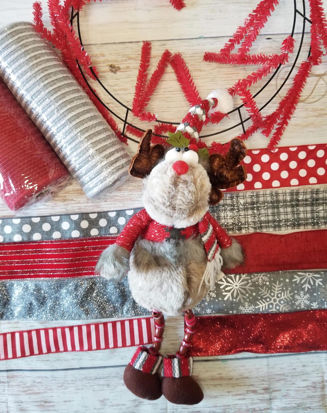 Christmas Wreath Kit, Holiday Moose Wreath Kit, Red Gray Moose Wreath ...