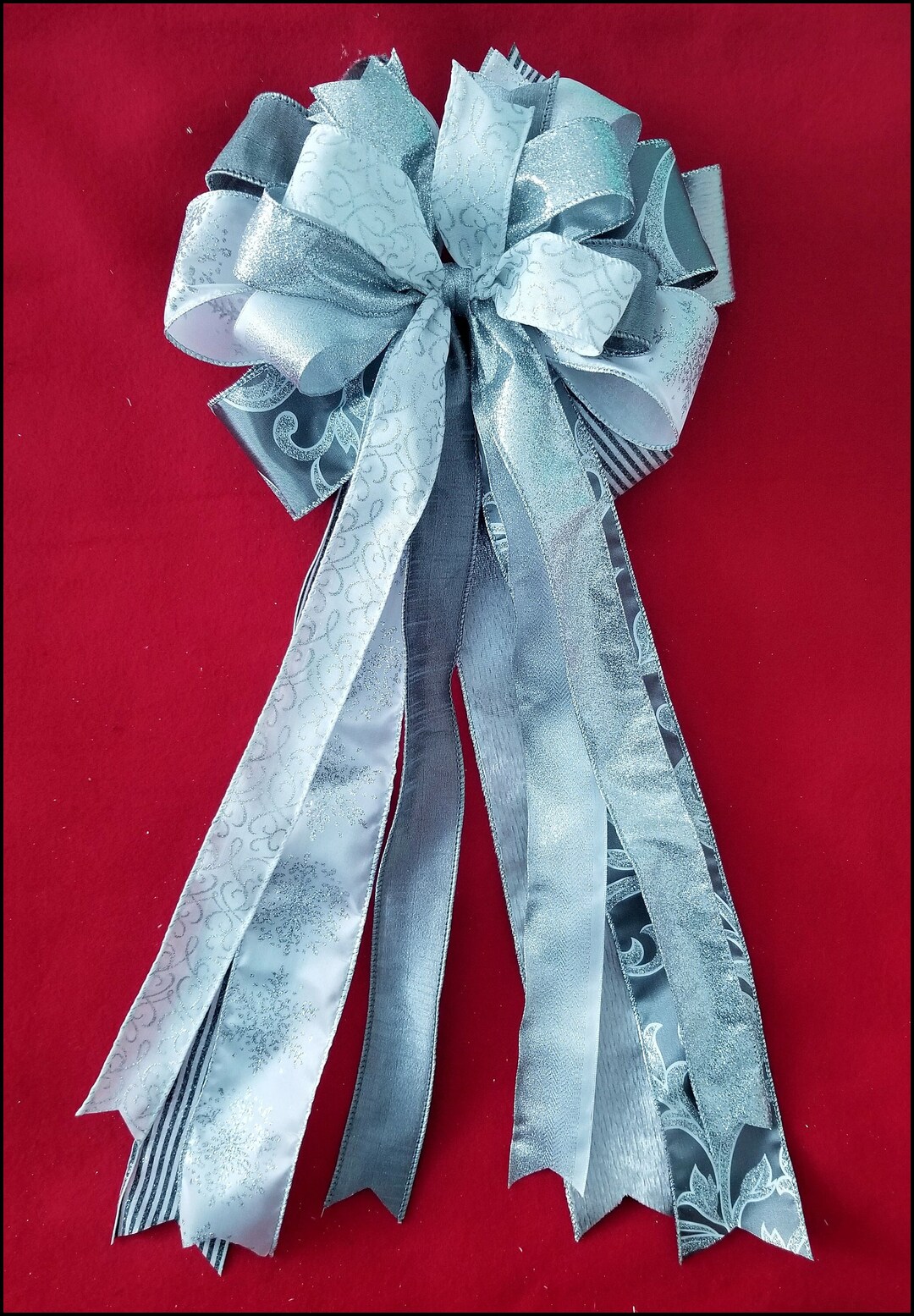Silver White Christmas Tree Topper Bow, Snowflake Christmas Handmade ...
