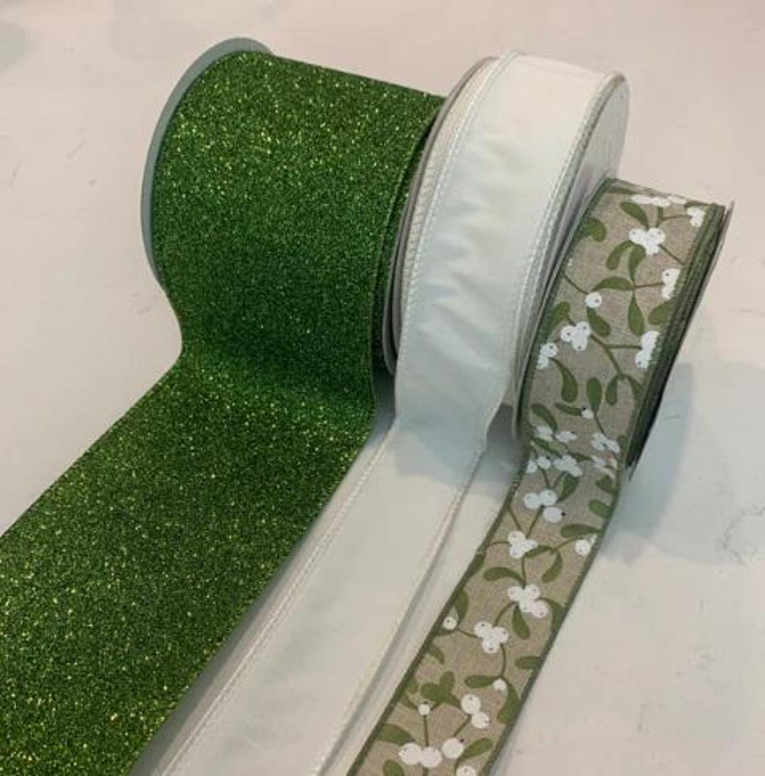 Wired Ribbon Set, Wired Ribbon for Wreaths and Bows, Green Glitter ...