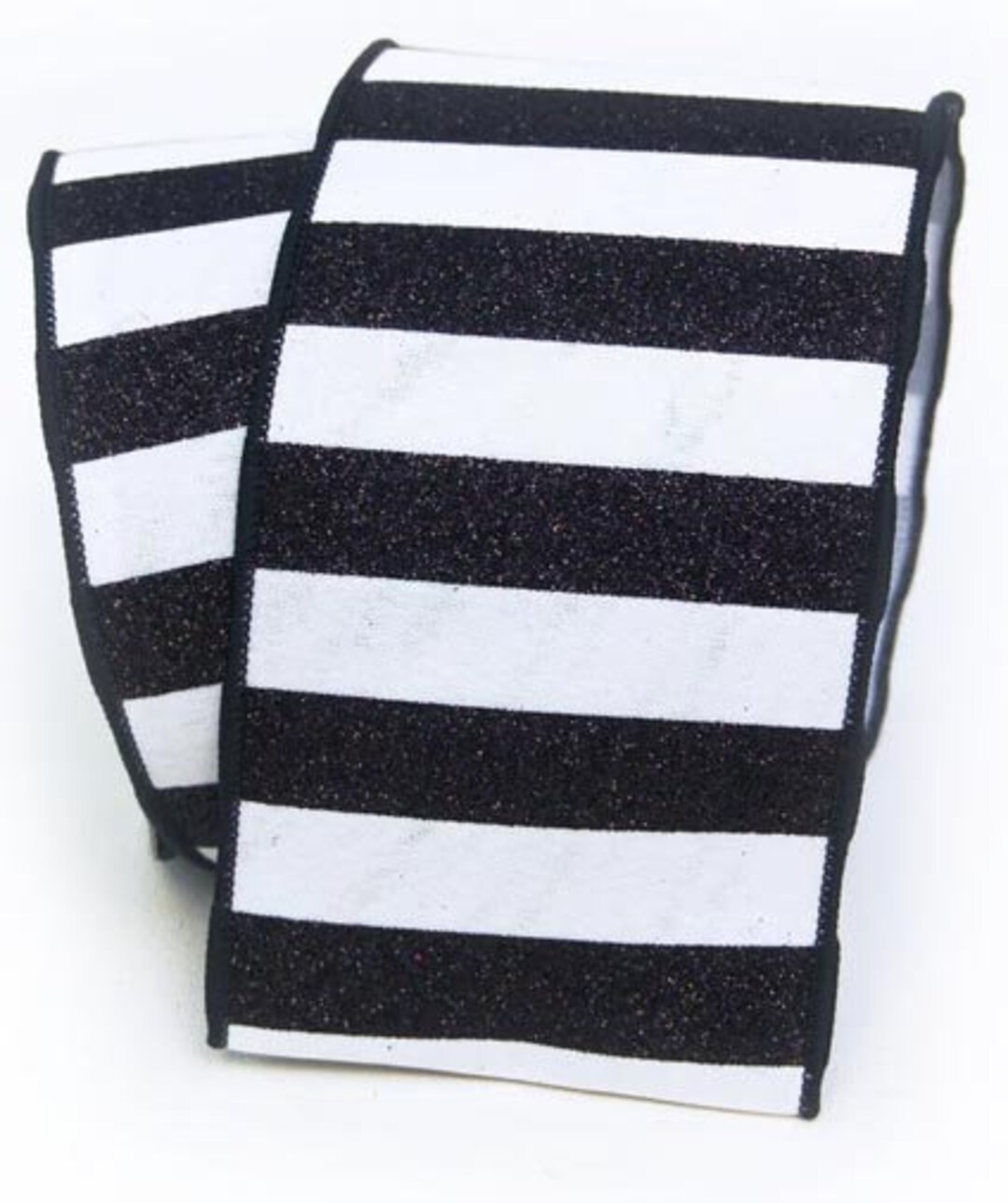 4" Black and White Glitter Stripe Ribbon, Black Stripe Wired Ribbon ...