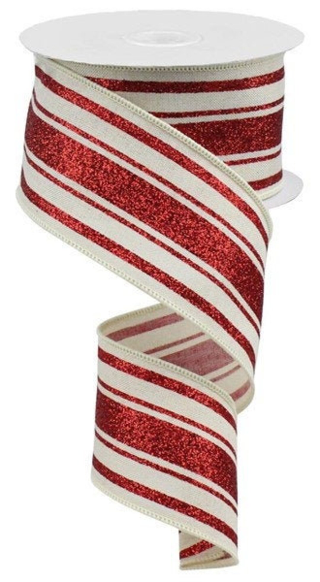 Wired Red Stripe Ribbon, Cream With Red Glitter Stripes Ribbon, Red ...