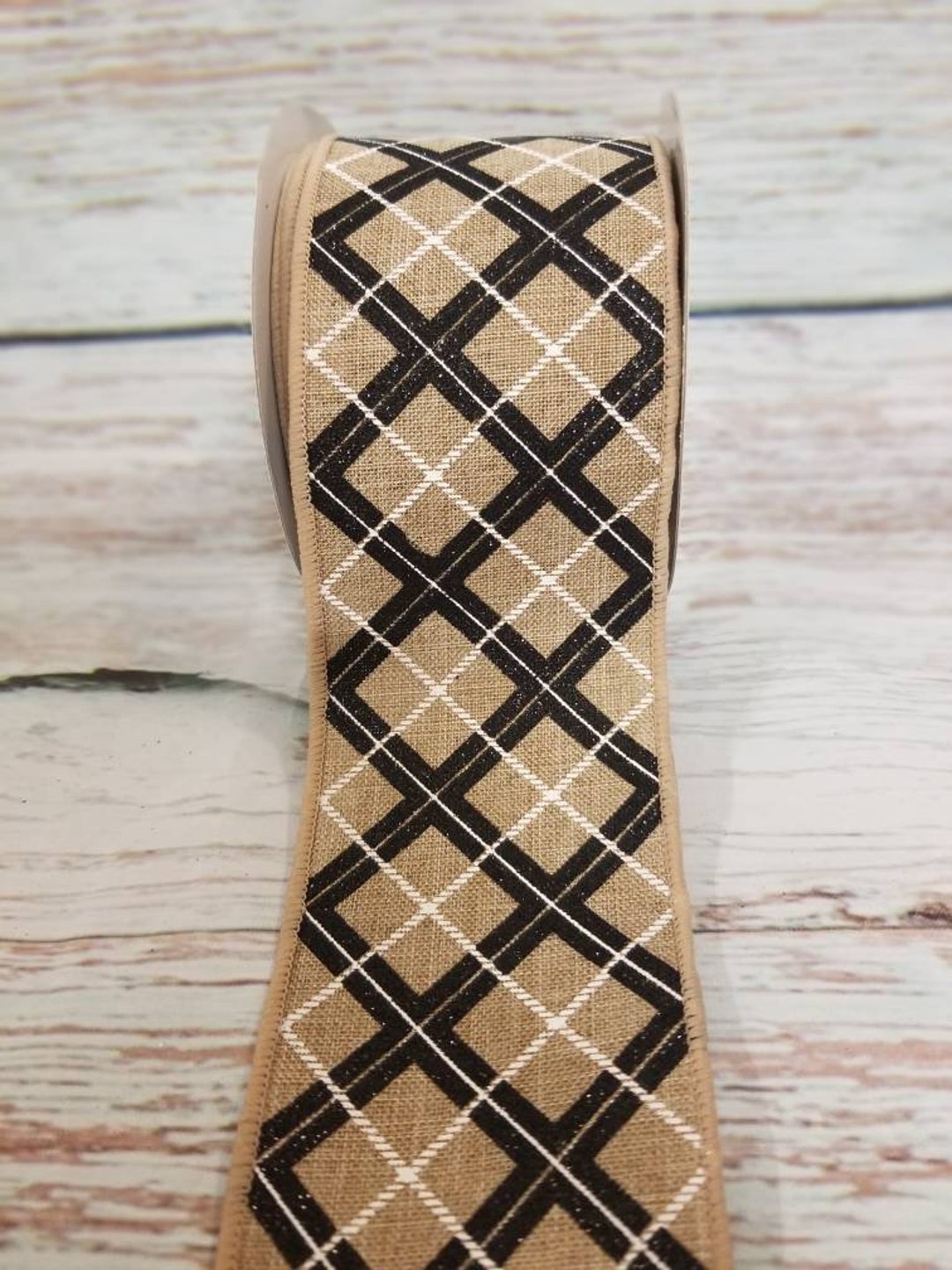 Wired Black Check Ribbon, Natural Black Plaid Ribbon, Black Tan Check ...