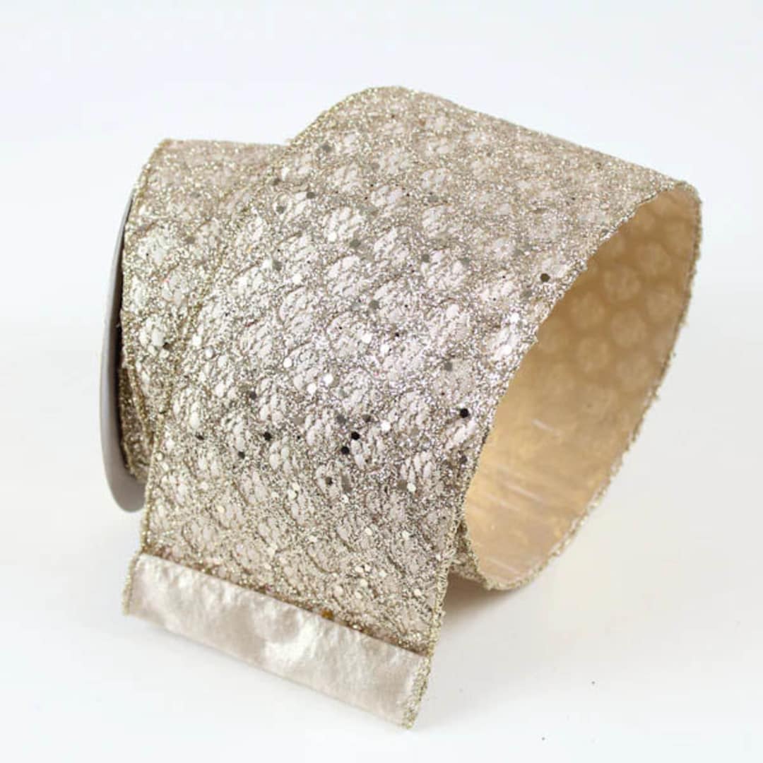 Wired Champagne Glitter Ribbon, Farrisilk Platinum Ribbon for Christmas ...