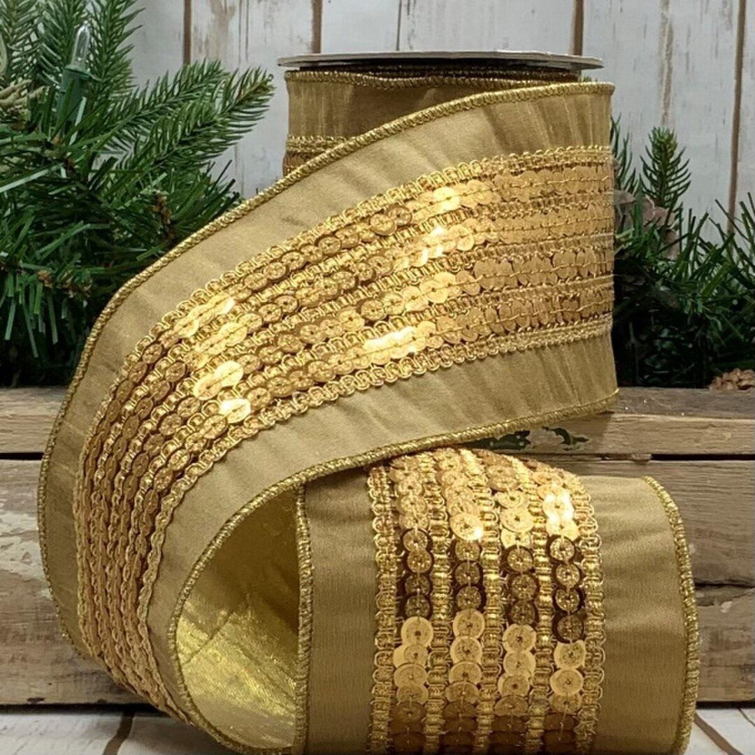 4" Gold Sequin Wired Ribbon for Christmas, Gold Christmas Ribbon, Wired ...