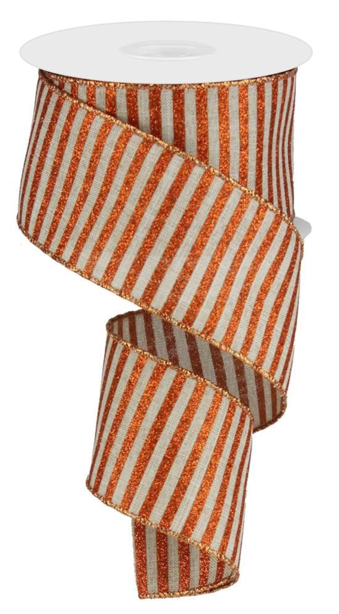 Wired Orange Stripe Ribbon, Natural Orange Glitter Ribbon for Wreaths ...