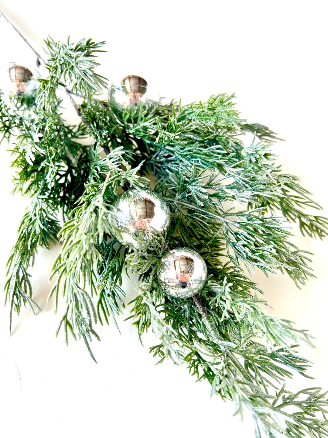 Cedar Greenery Stem, Winter Greenery With Silver Ornaments, Greenery ...