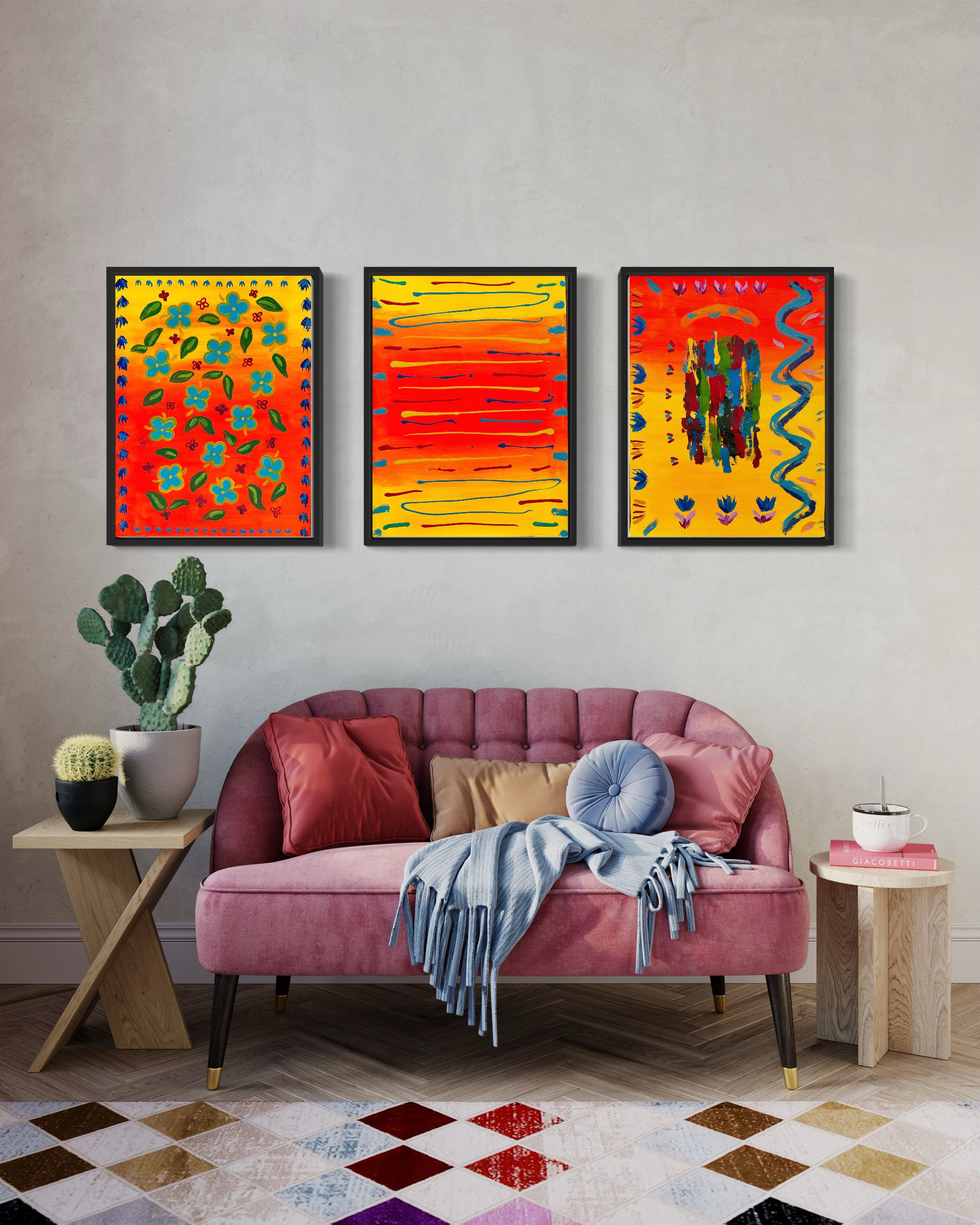 Original 3 Piece Wall Art Set: Mexican Sunset by Bengü. Abstract Wall ...