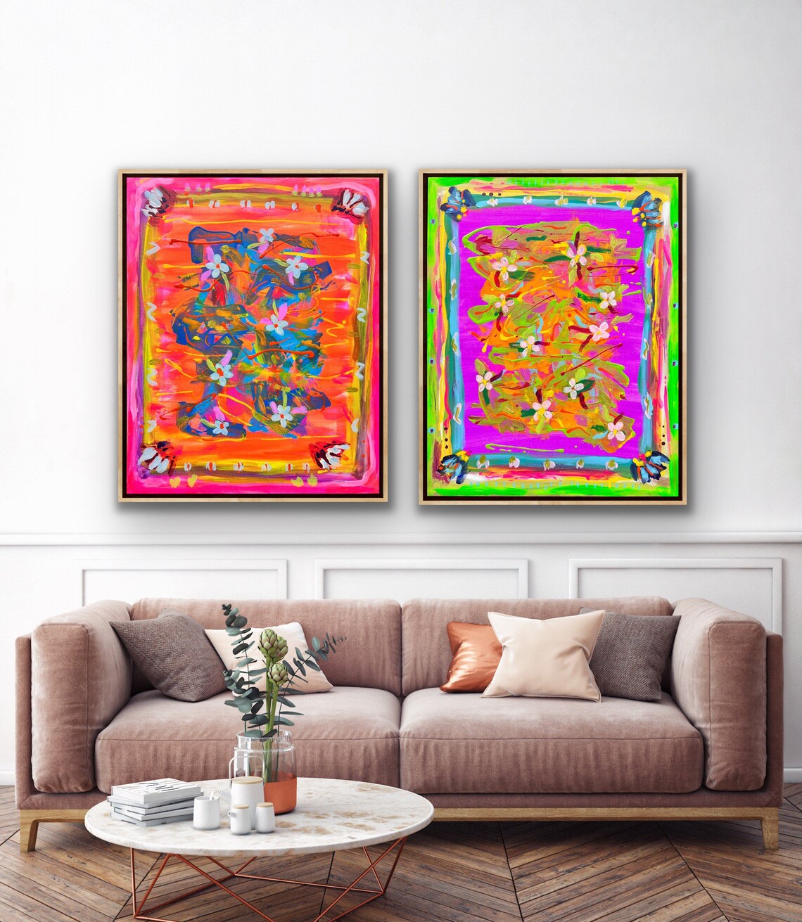 Diptych Set: Flora Ethnica. Colorful Ethnic Flower Art. - Etsy