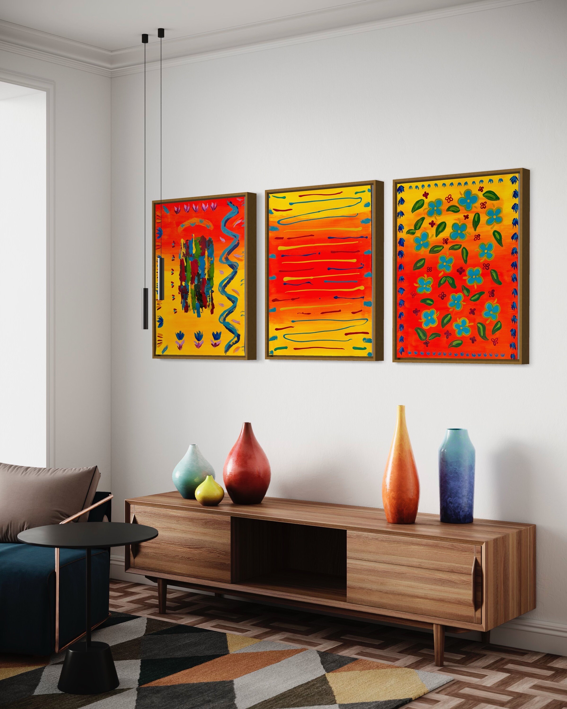 Original 3 Piece Wall Art Set: Mexican Sunset by Bengü. Abstract Wall ...