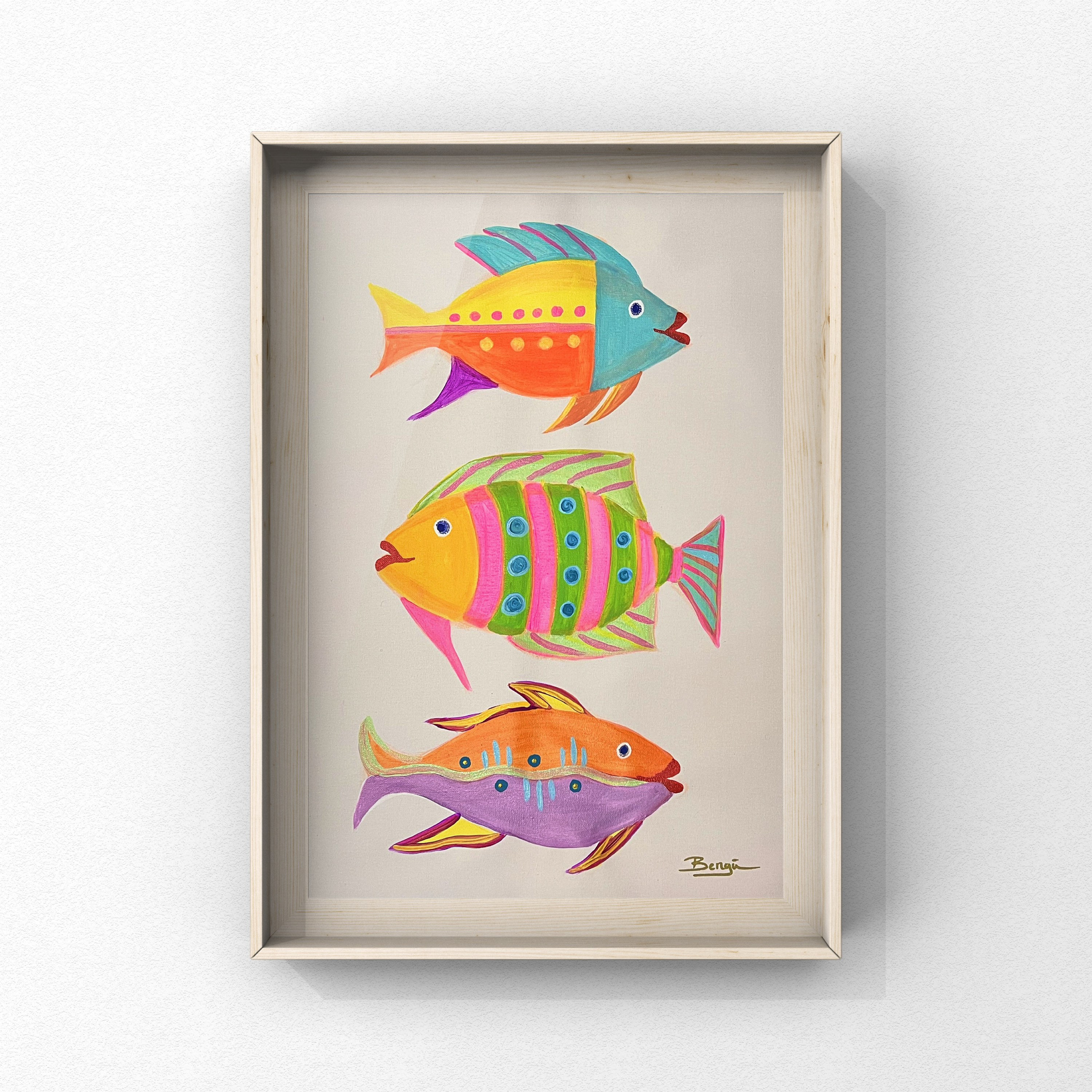 Colorful Fish Painting Hand Painted Fish Art. Happy Beach Decor. Three ...