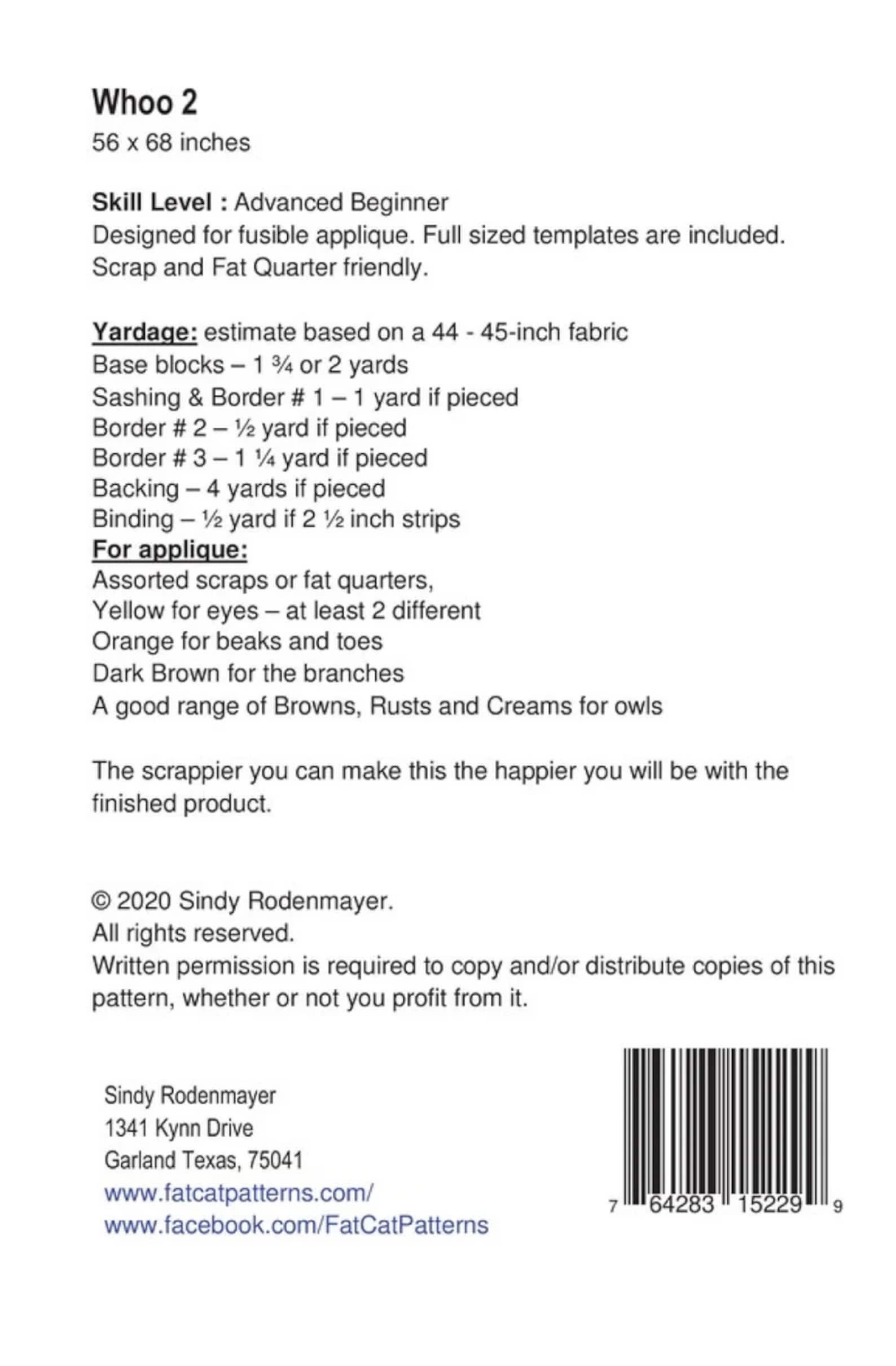 Whoo 2 *fusible Applique Quilt Pattern* By: Sindy Rodenmayer - Fatcat ...
