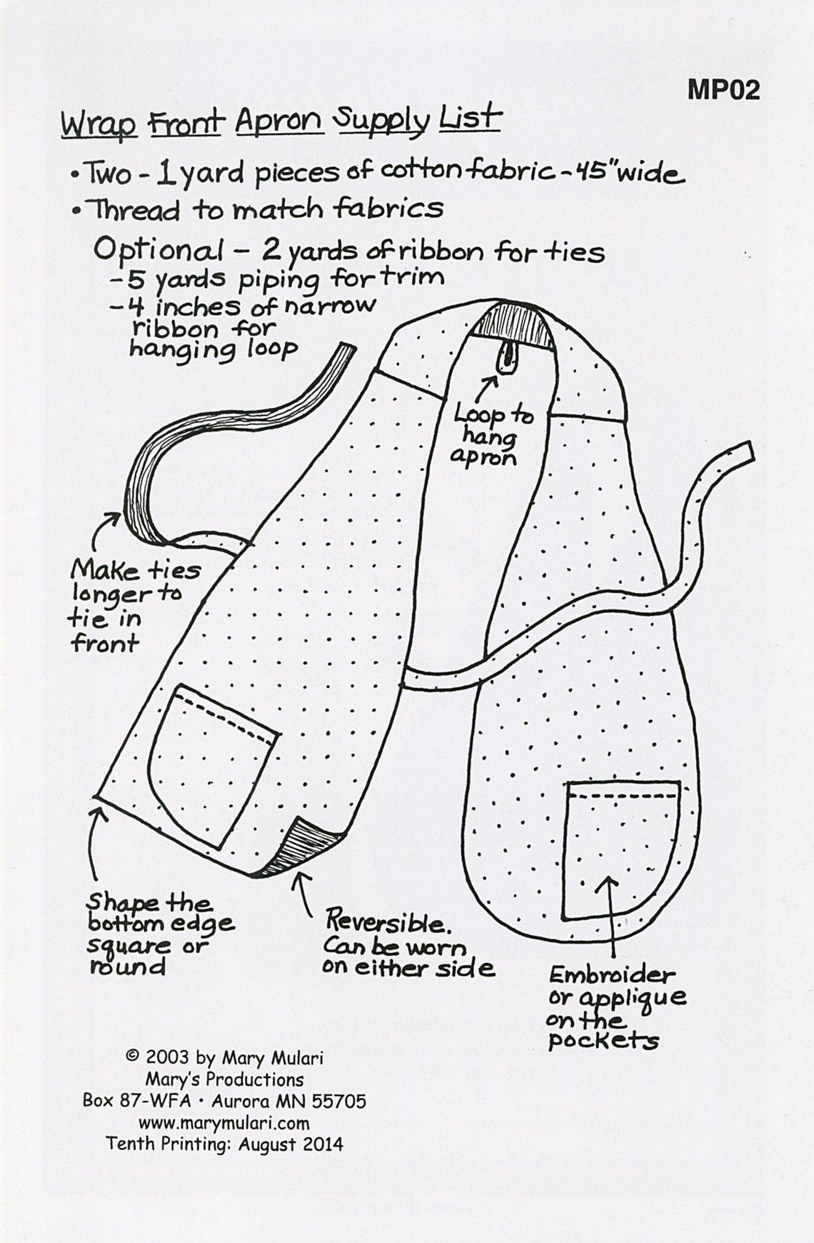 Wrap Front Apron Pattern *one Size Fits Most* From: Mary Mulari Designs ...