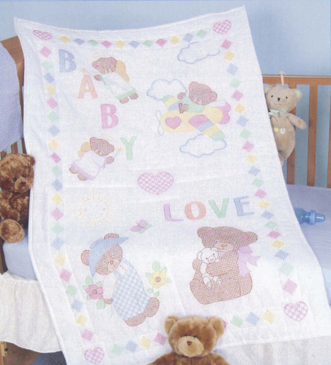 Baby Loves Bears Crib Quilt Top *stamped Cross Stitch + Embroidery ...