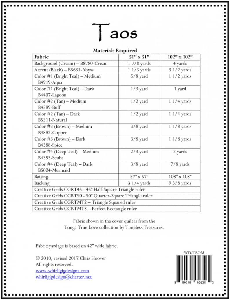 TAOS *quilt Pattern* BY: Whirligig Designs - Wd-tbom - Etsy