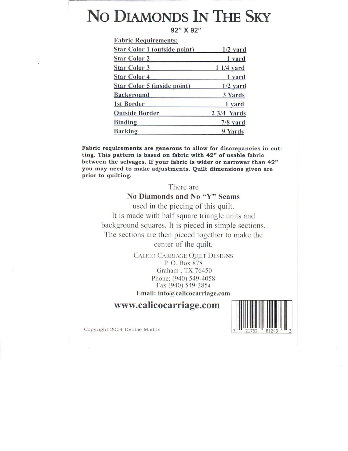 No Diamonds in the Sky *quilt Pattern* By: Debbie Maddy - Calico ...