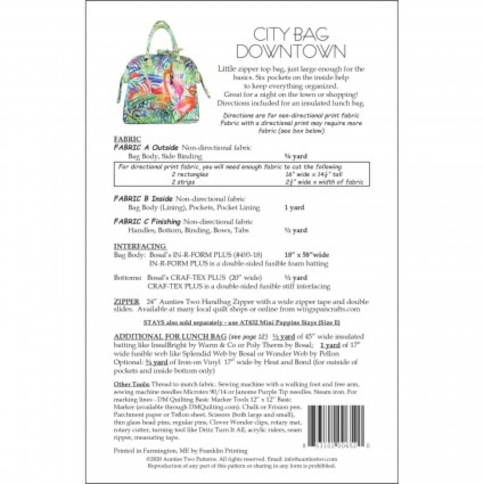 City Bags - Downtown *sewing Pattern + Metal Stays* From: Aunties Two ...