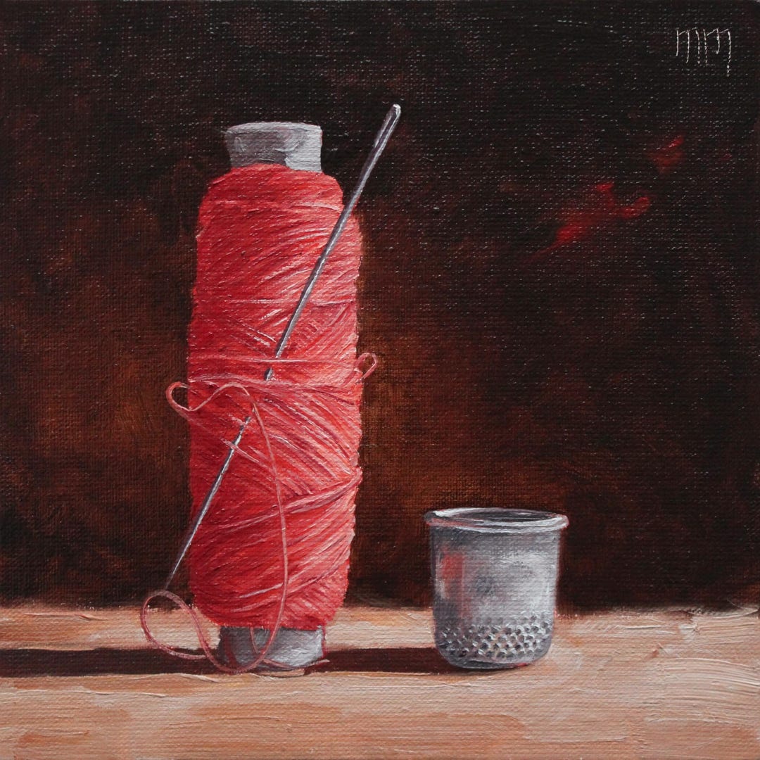 Spool of Thread Thimble Oil Painting, Red Threads Still Life, Small ...