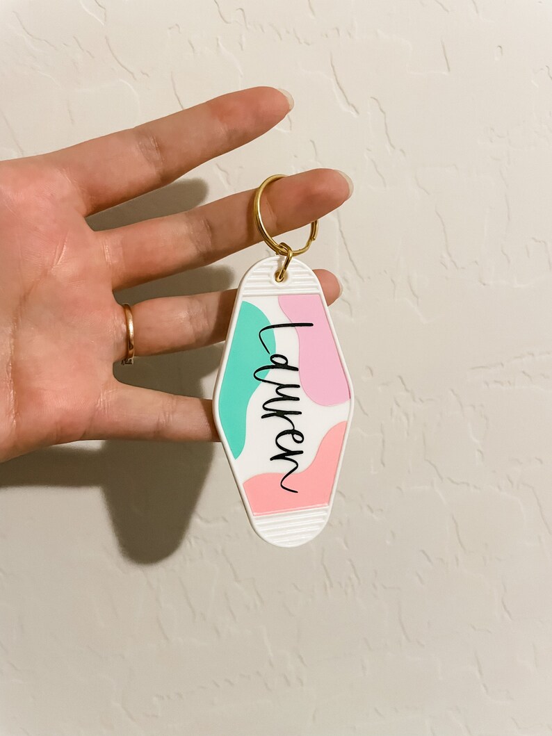 Personalized Retro Motel Keychain With Name White With Abstract Pink ...