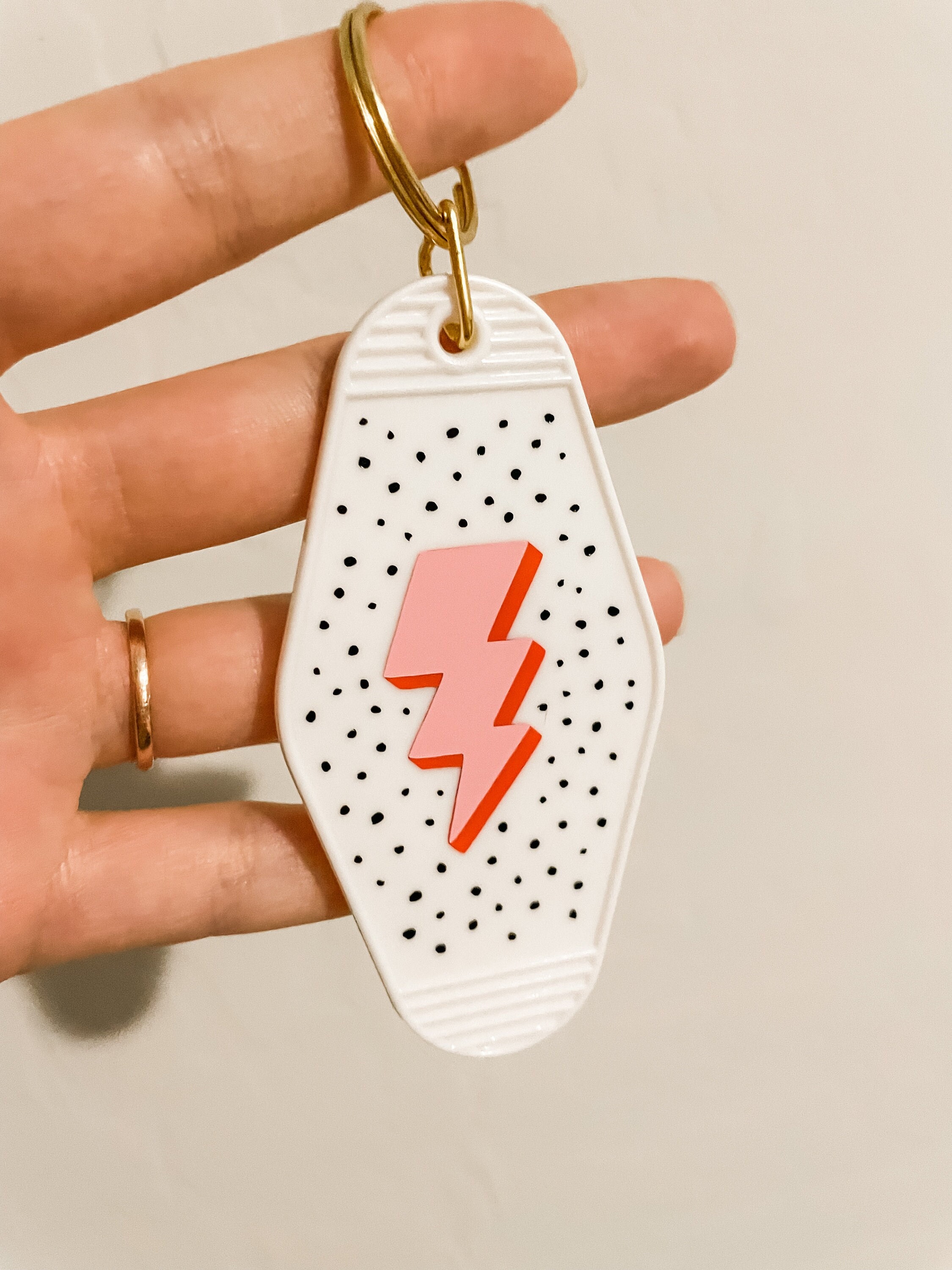 Retro Lightning Bolt Motel Keychain White With Pink and Red Lightning ...