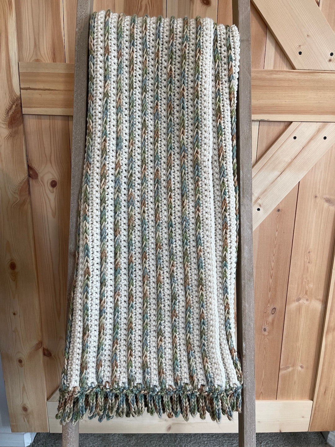 Cream Colored Crocheted Throw Blanket With Green/blue/gray/brown ...