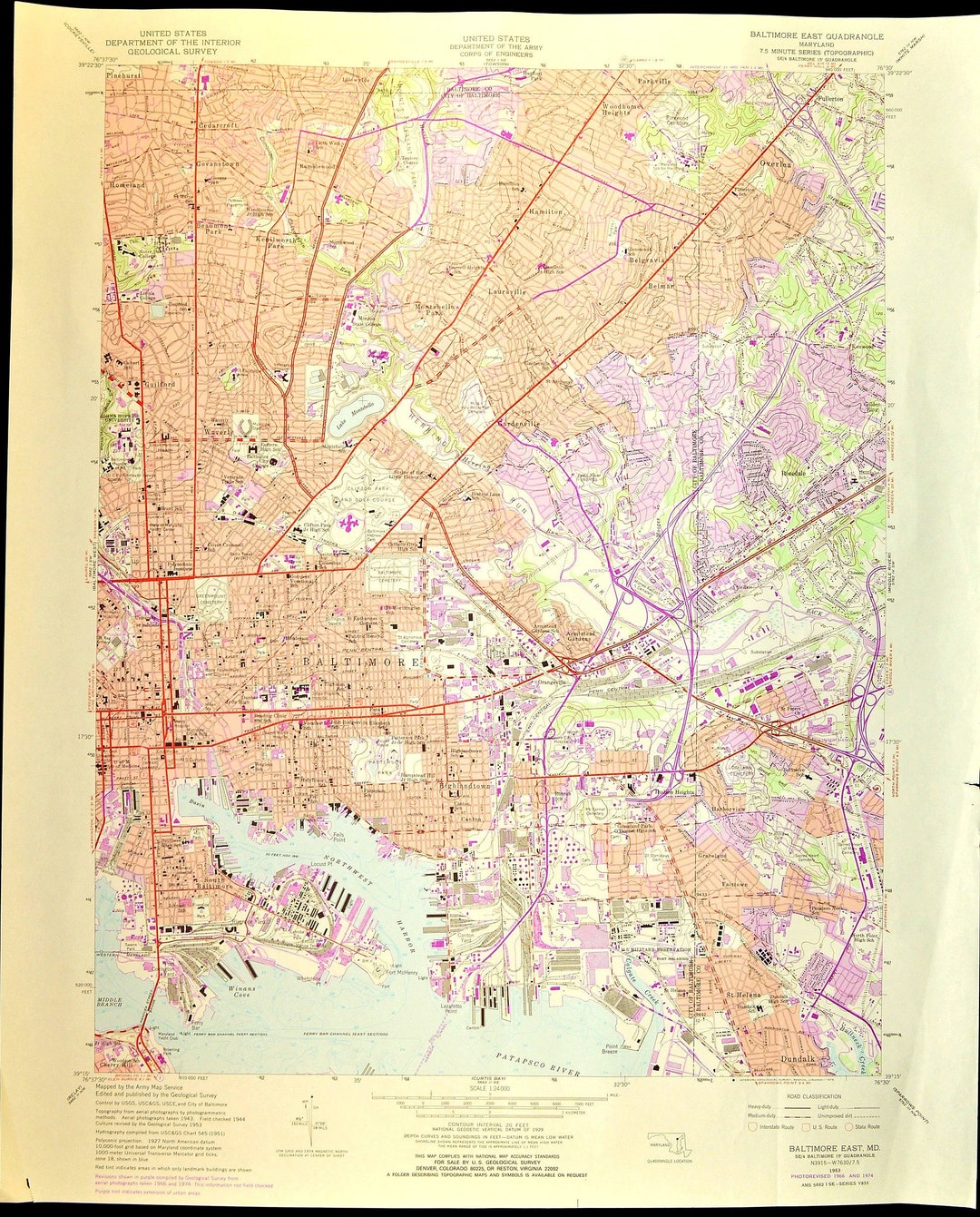 Baltimore Map Maryland Art Print Wall Decor LARGE Topographic USGS ...