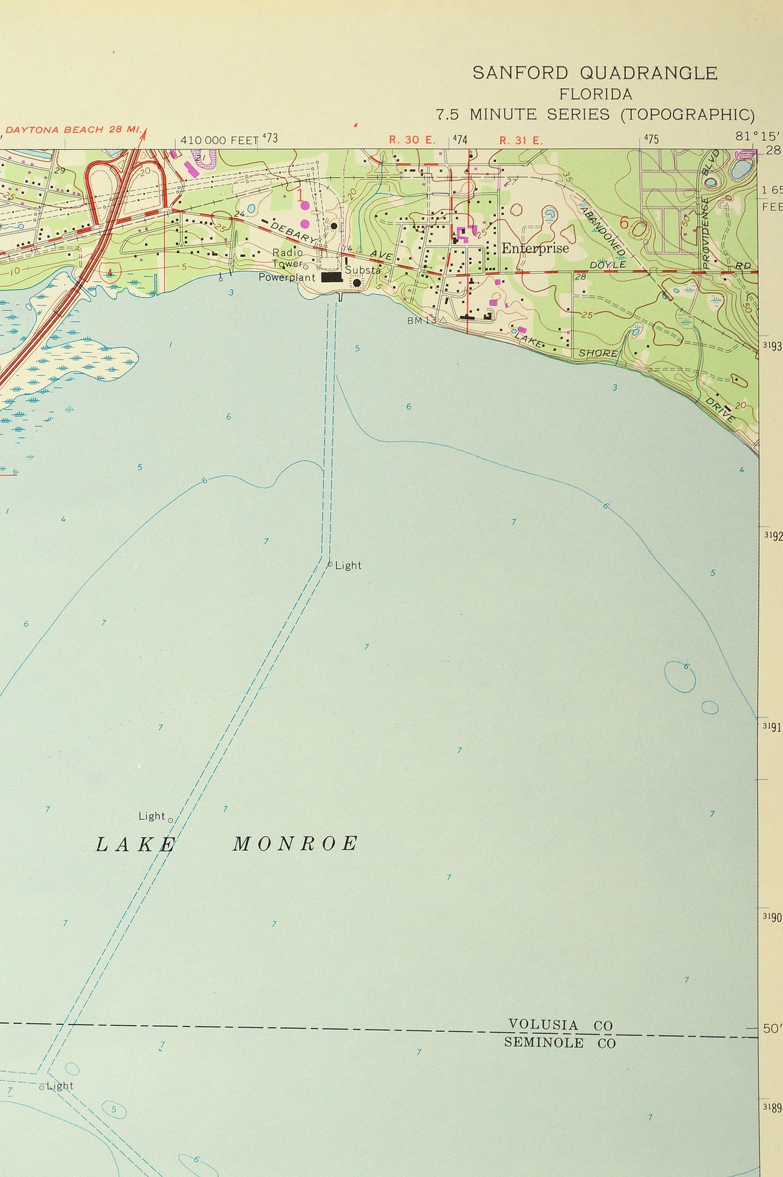 Sanford Map of Lake Monroe Florida Art Print Wall Decor LARGE - Etsy