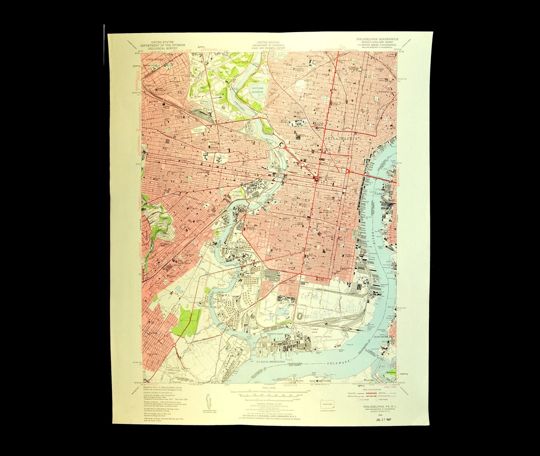 Vintage Philadelphia Pennsylvania Map Topographic Wall Art Decor LARGE ...