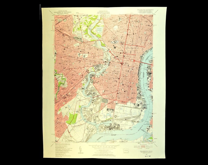 Vintage Philadelphia Pennsylvania Map Topographic Wall Art Decor LARGE ...