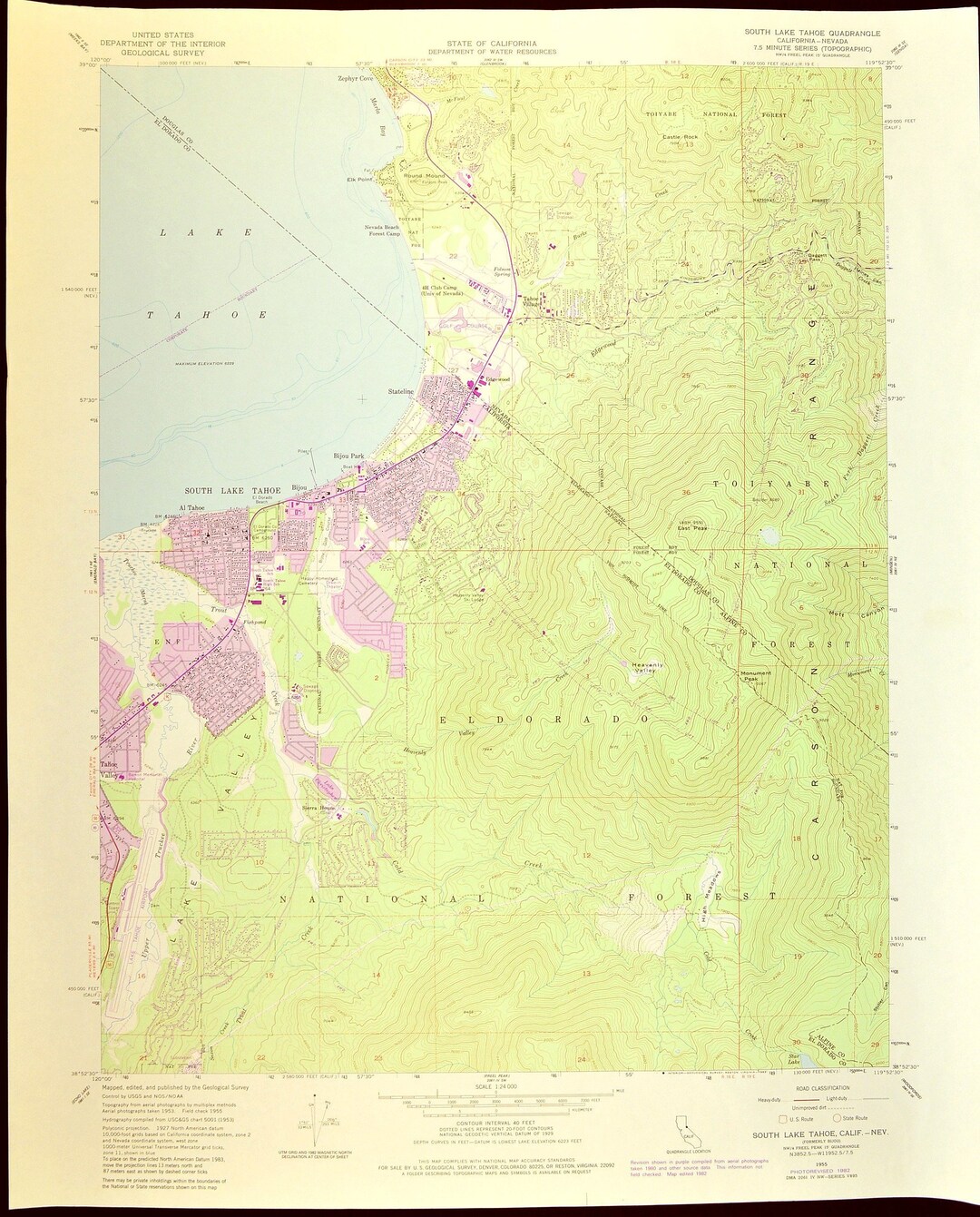 South Lake Tahoe Map of Elderado County California Bijou Park Stateline ...